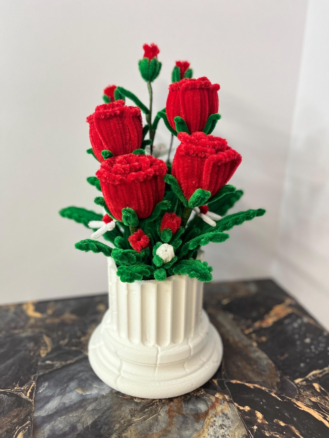 Handmade Red Velvet Pipe Cleaner Roses in White Vase, Unique Faux ...