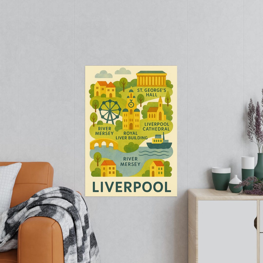 Liverpool Map Print Folk Art Style With River Mersey - Etsy