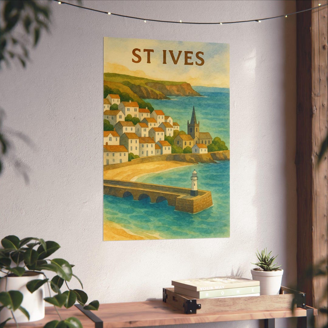 St Ives Wall Art Watercolor Print With Harbour Lighthouse and Seaside ...