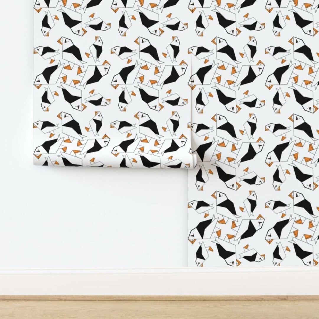 Abstract Origami Puffin Bird Theme Wallpaper, Black and White, Modern ...
