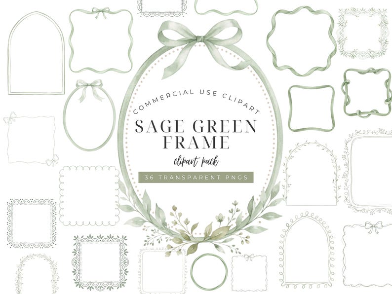 Sage Green Frame Clipart Bundle, Minimal Line Frame PNG Set, Baby ...