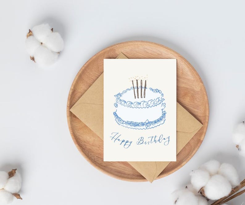 Blue Birthday Cake Card Printable | Simple Digital Birthday Card PDF ...
