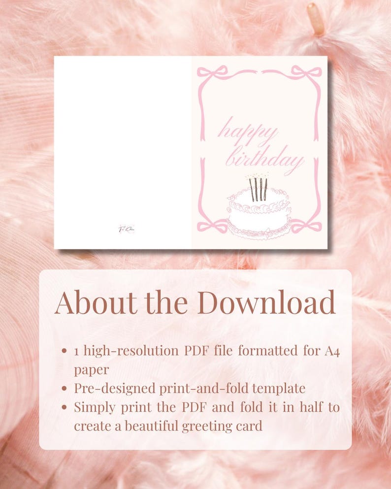 Pink Coquette Birthday Card: Cake & Ribbon Printable (A4 PDF Download ...