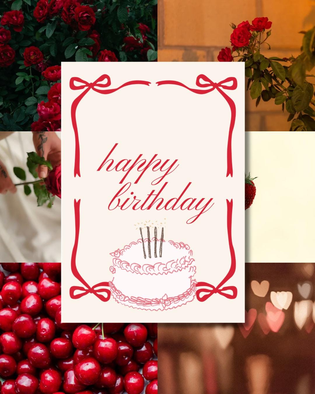 Red Coquette Birthday Card: Ribbons & Cake - Printable A4 PDF - Etsy