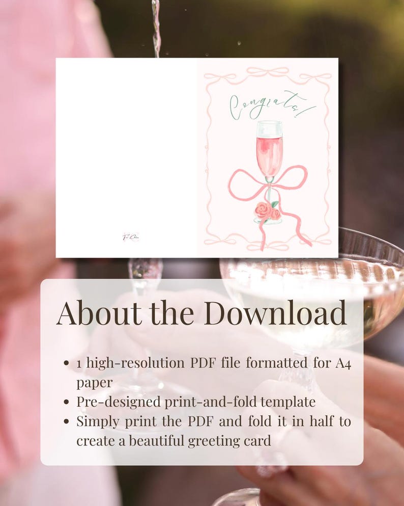 Floral Rosé Congrats Card – Printable Pink Bow & Green Text Digital ...
