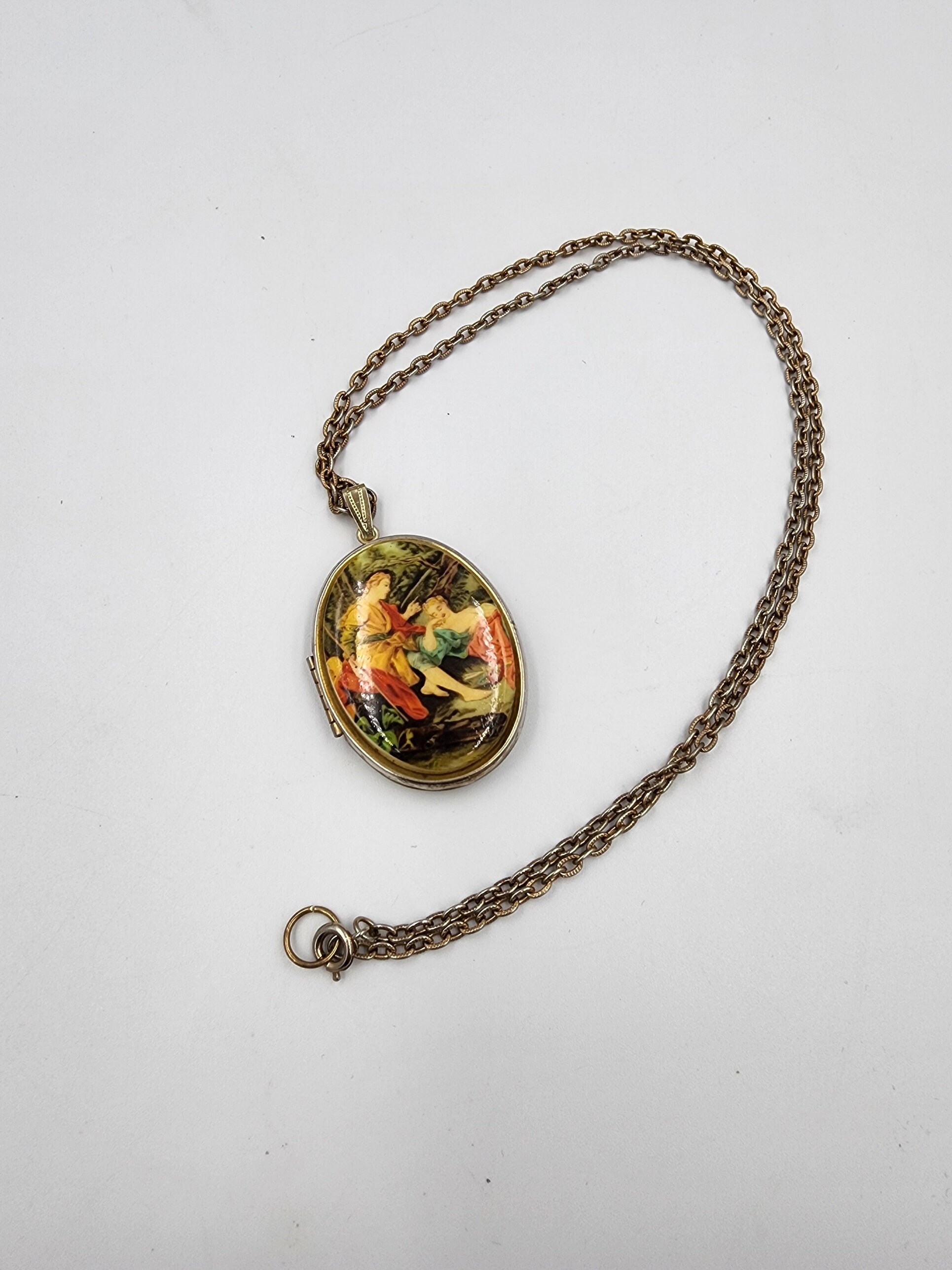 Mid Century Gold Tone Metal Locket Courting Scene Plastic Oval Pendant ...