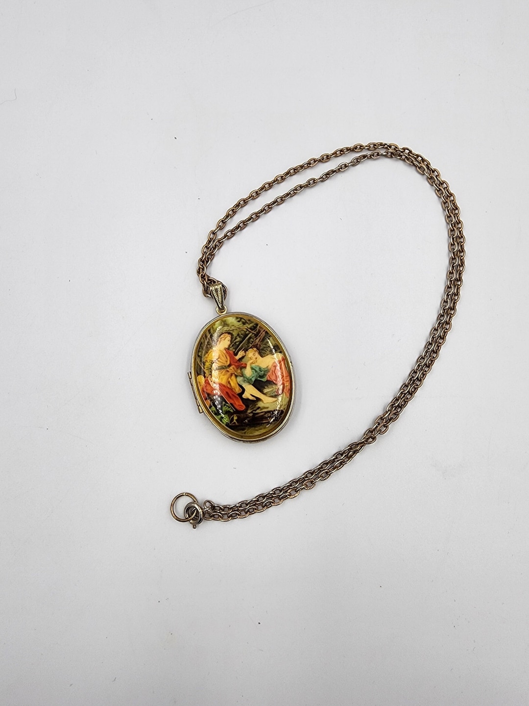 Mid Century Gold Tone Metal Locket Courting Scene Plastic Oval Pendant ...