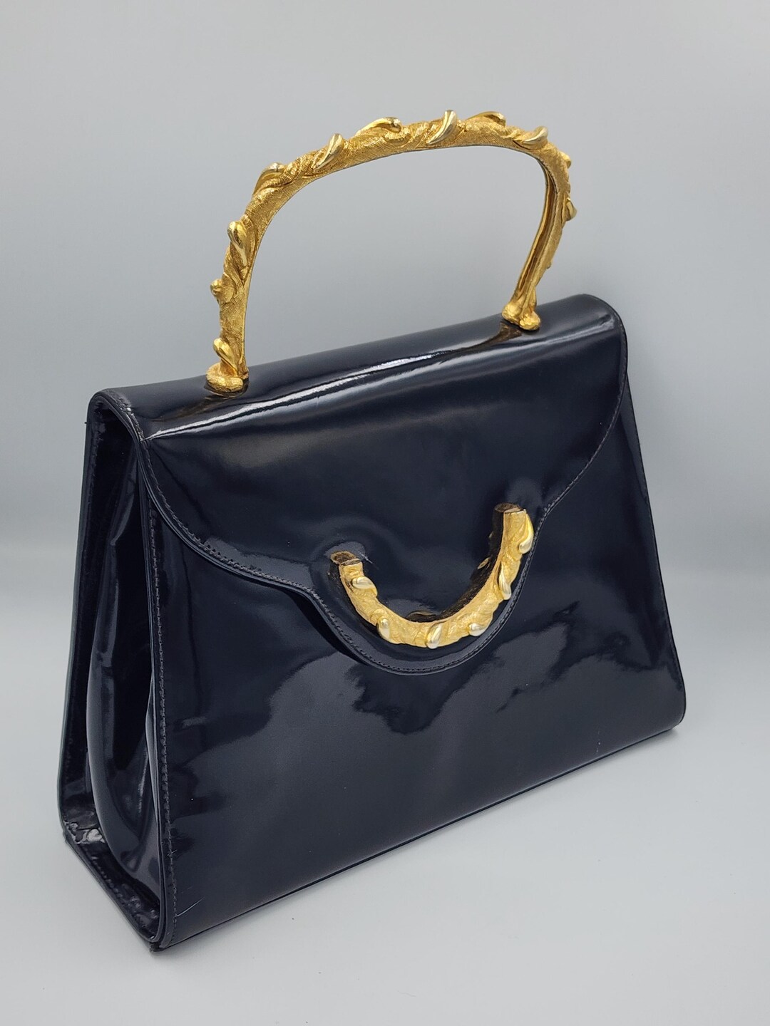 Susan Gail Signed Black Patent Leather Top Handle Purse Crossbody Bag ...