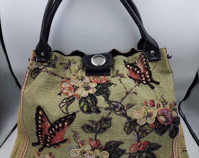 Mellow World Green Tapestry Embroidered Handbag Tote Shoulder Bag ...