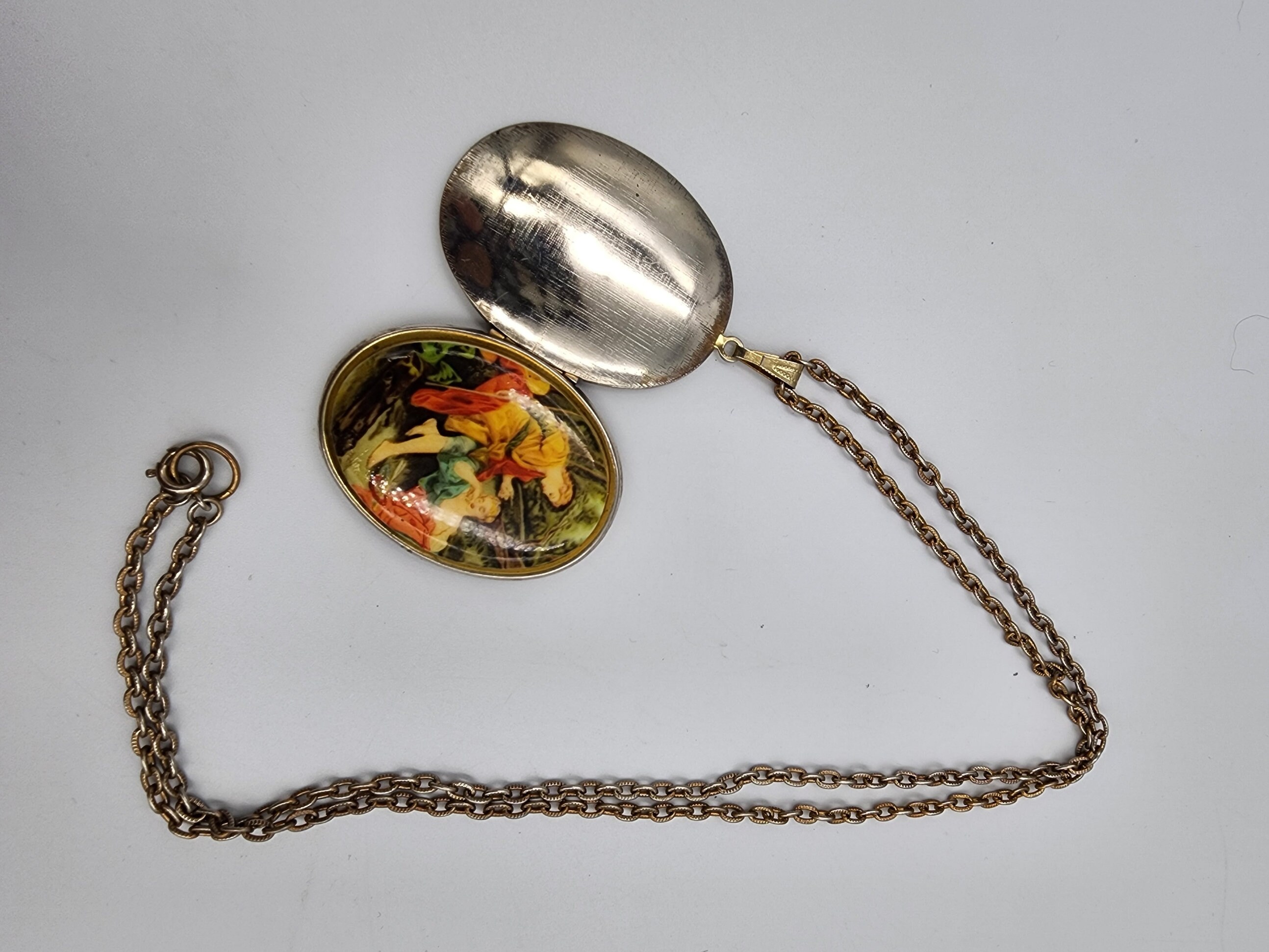 Mid Century Gold Tone Metal Locket Courting Scene Plastic Oval Pendant ...