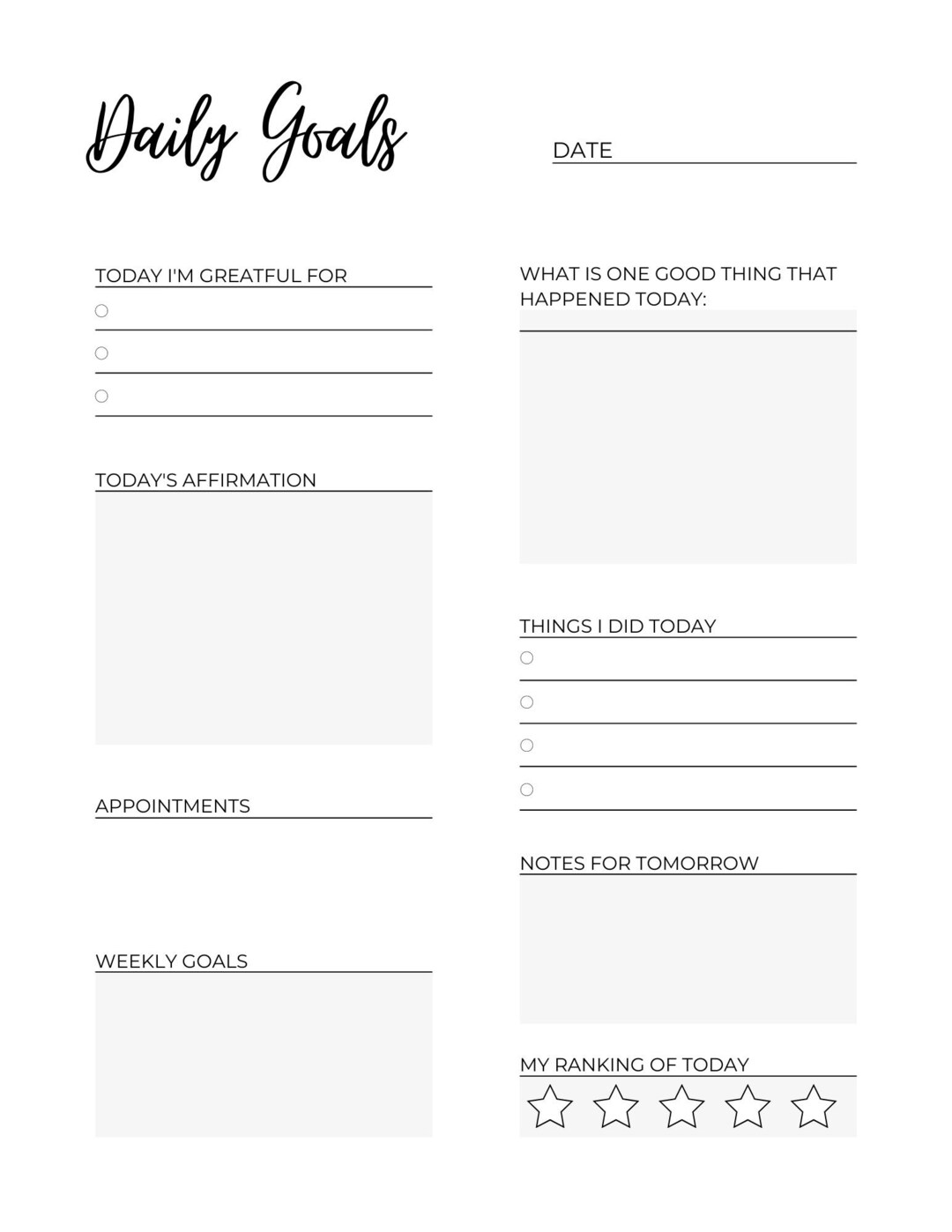Daily Goal Worksheet - Etsy