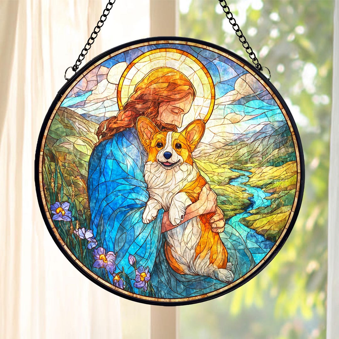 Jesus With Corgi Stained Glass Suncatcher, Christian Pet Lover Window ...