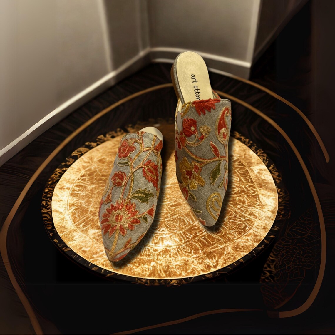 Embroidered Slippers, Pointed Mule, Short Heel Slipper, Hand-made Mule ...