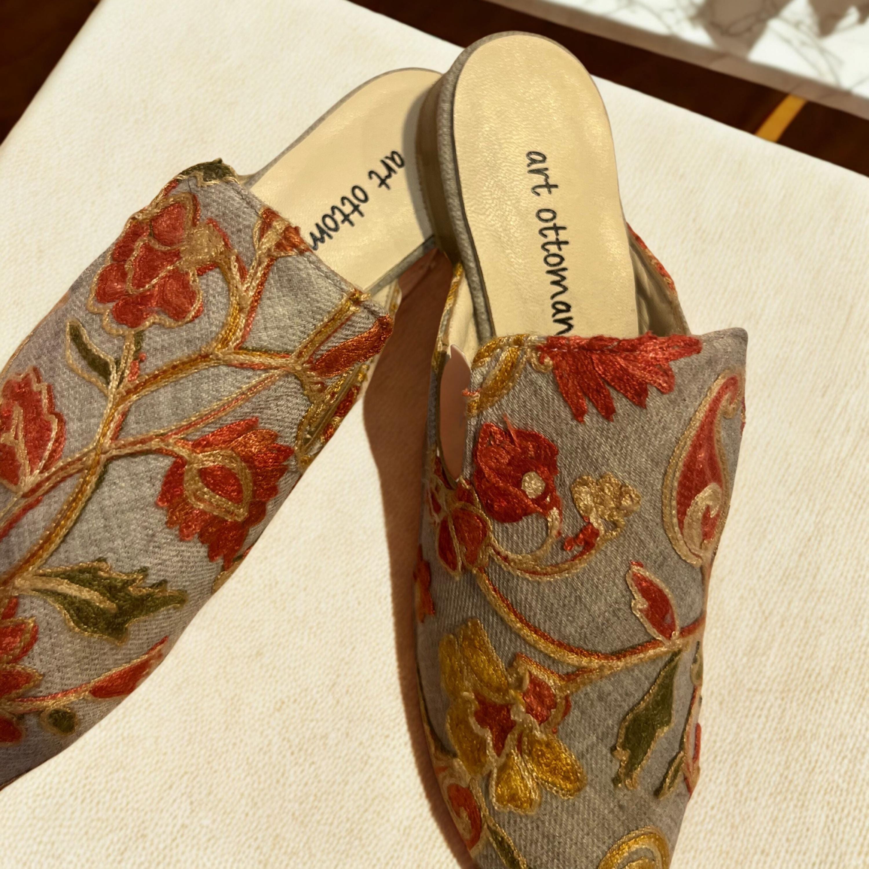 Embroidered Slippers, Pointed Mule, Short Heel Slipper, Hand-made Mule ...