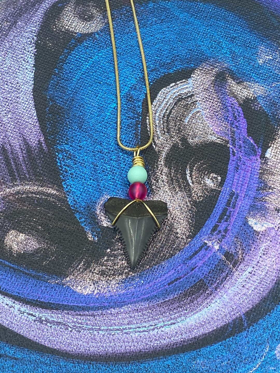 Great White Shark Tooth Pendant Necklace – Seafoam + Magenta Beads on ...