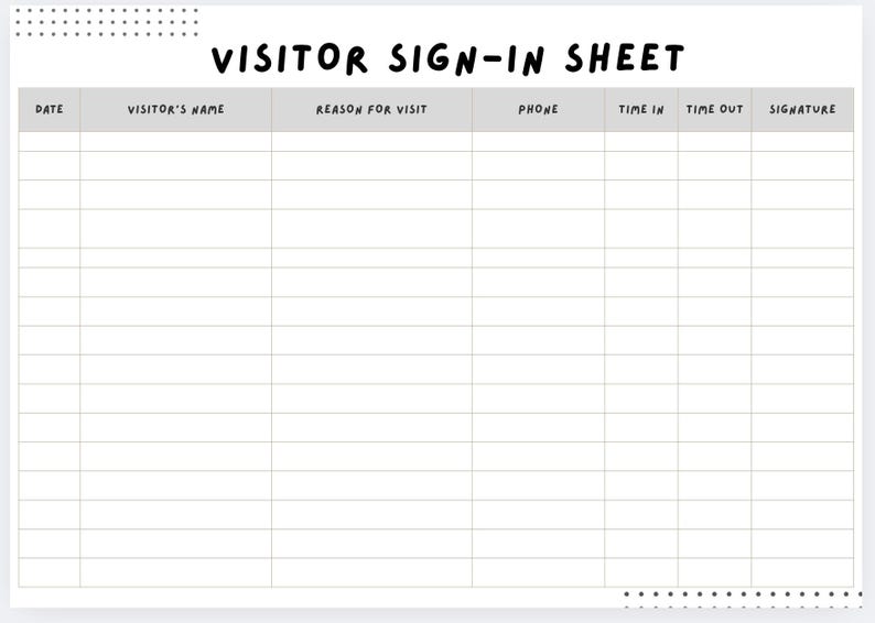 Visitor Sign in Sheet - Etsy
