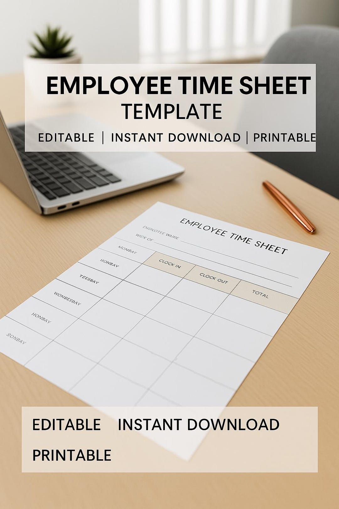 Employee Time Sheet Template | Printable Work Hours Tracker | Editable ...