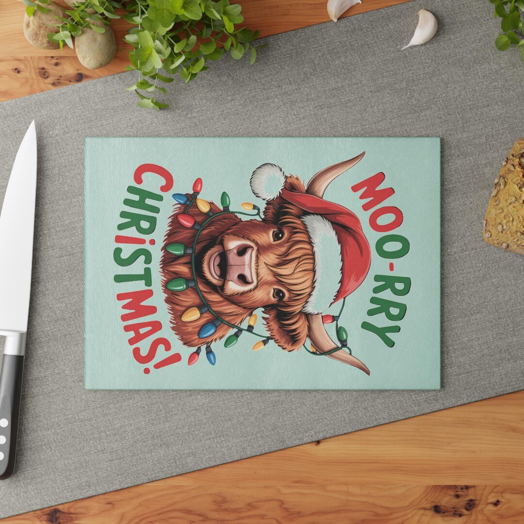 Moo-rry Christmas Highland Cow Glass Cutting Board | Holiday Kitchen ...