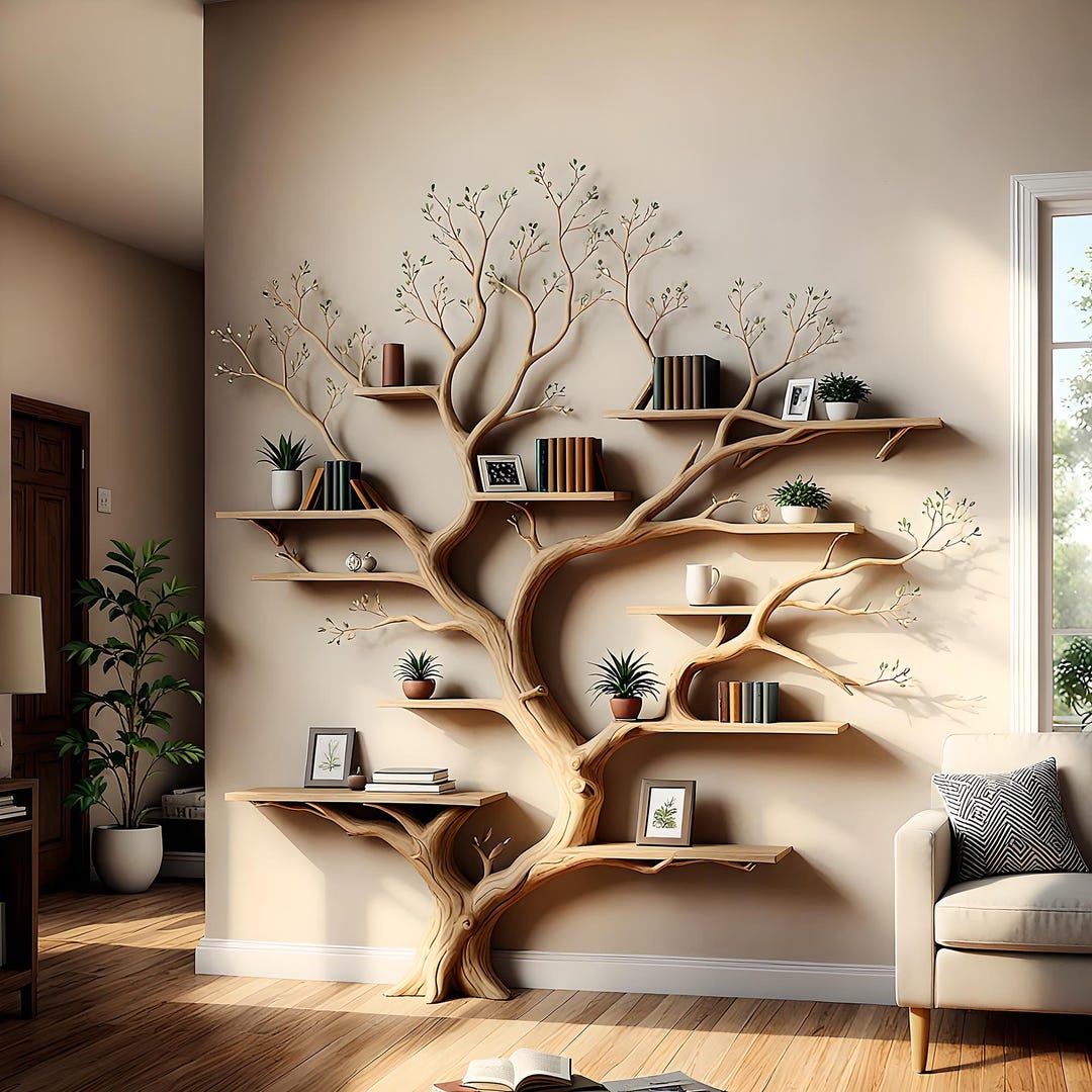 Rustic Wooden Bookshelf, Unique Wall Mounted Bookshelf, Luxury Wooden ...