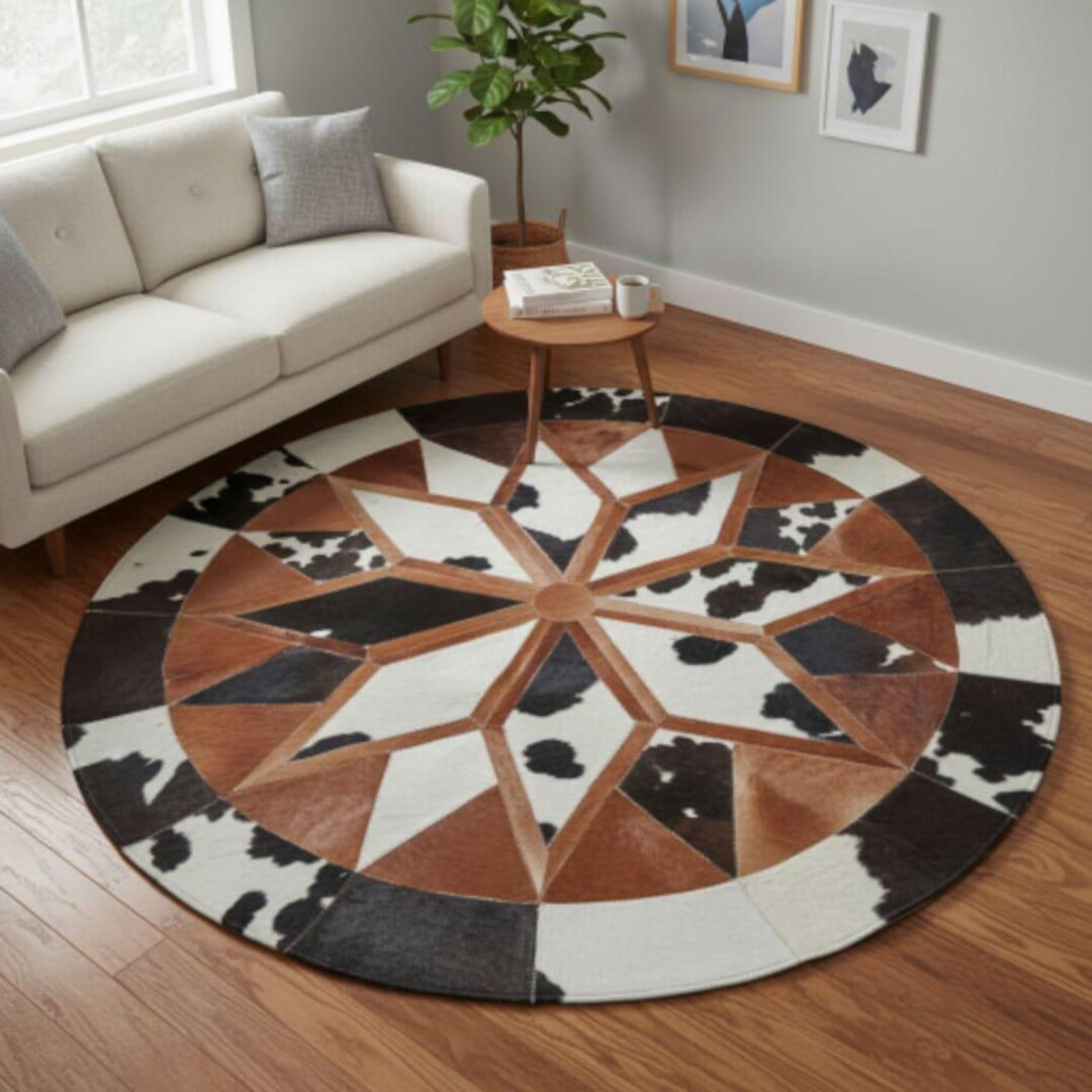 Round Cowhide Patchwork Rug – Multicolor Natural Hide Compass Design ...
