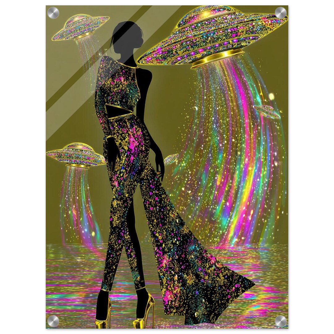 Glam Fashion Diva & Ufos in Neon Stardust Acrylic Art Print | Wall Art ...