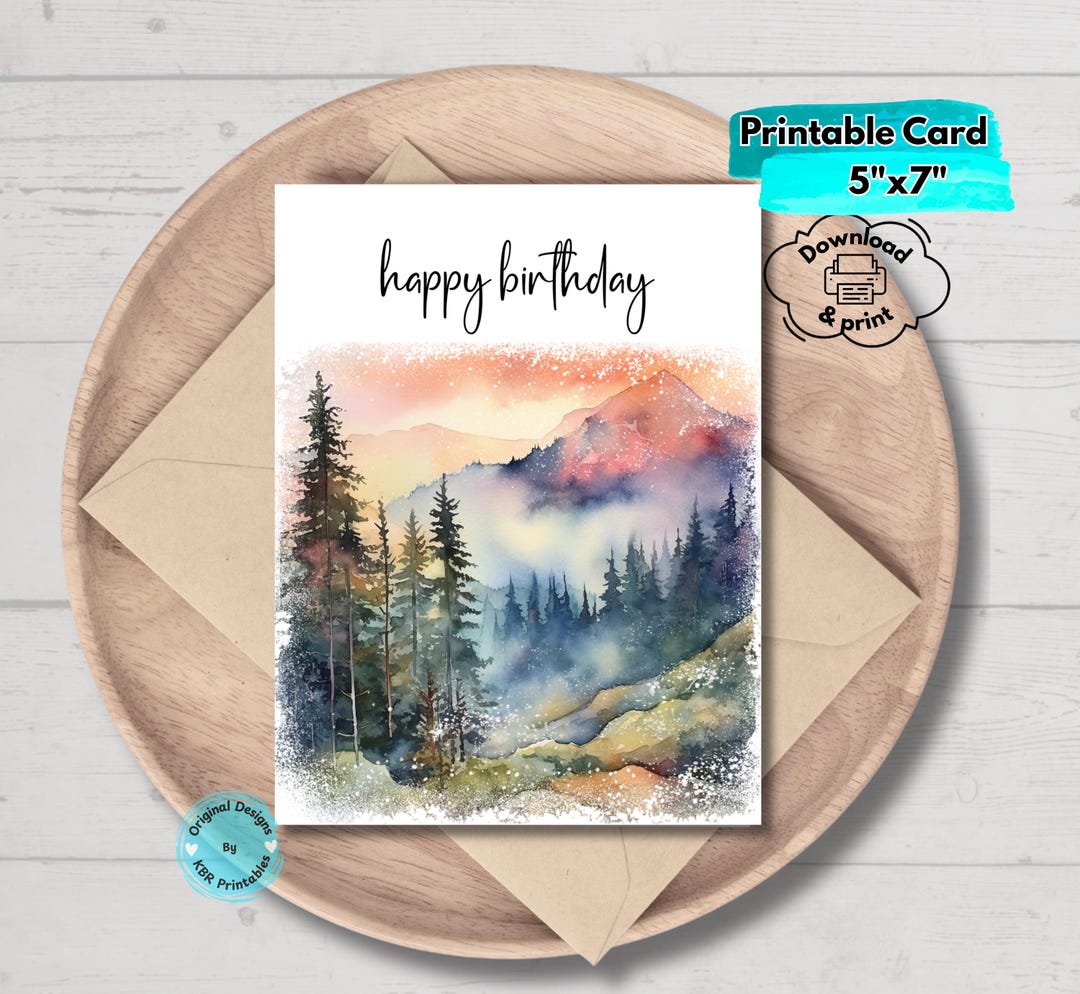 Printable Mountain Birthday Card Digital Download Nature-inspired ...
