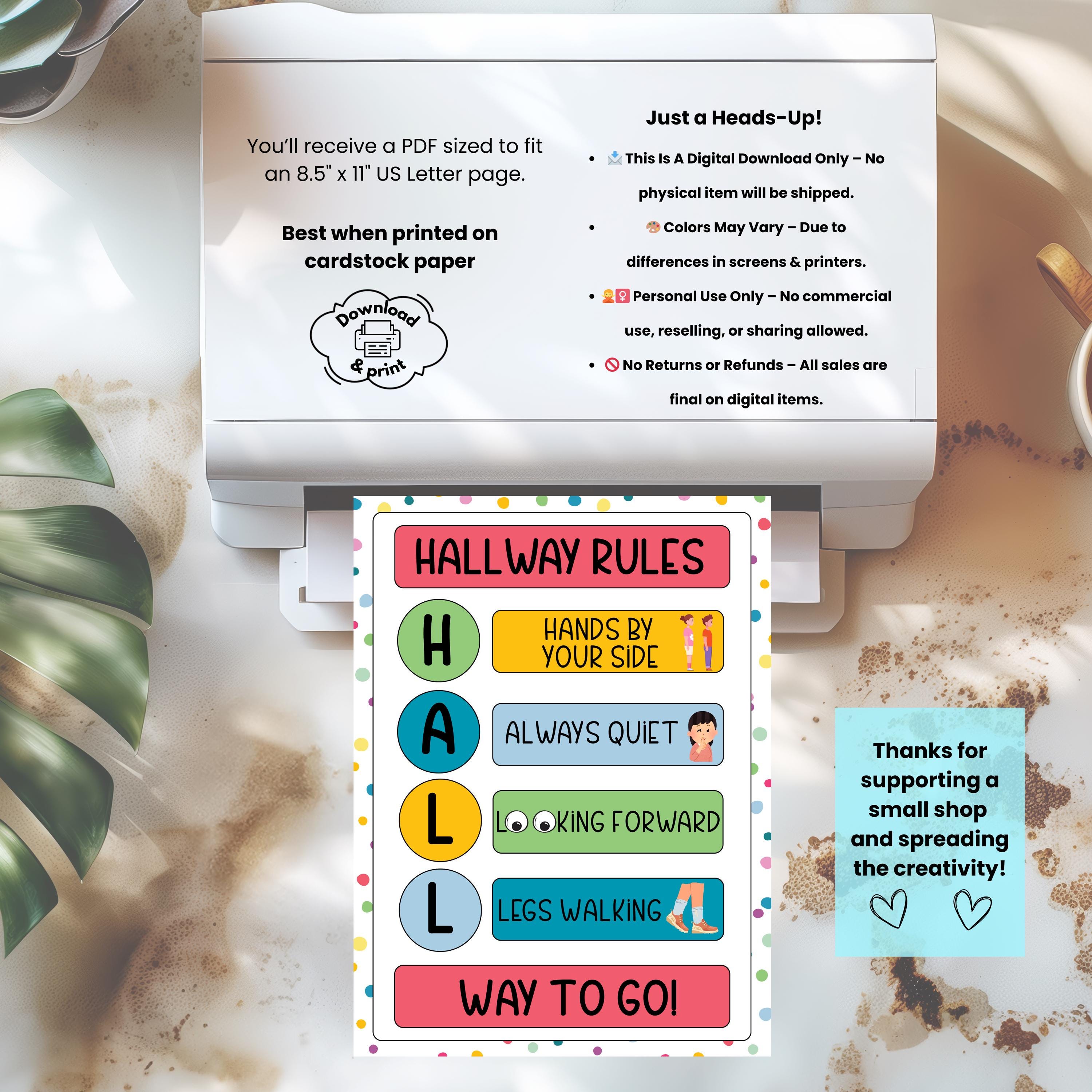 Back to School Hallway Rules Poster HALL Acronym Printable Colorful ...