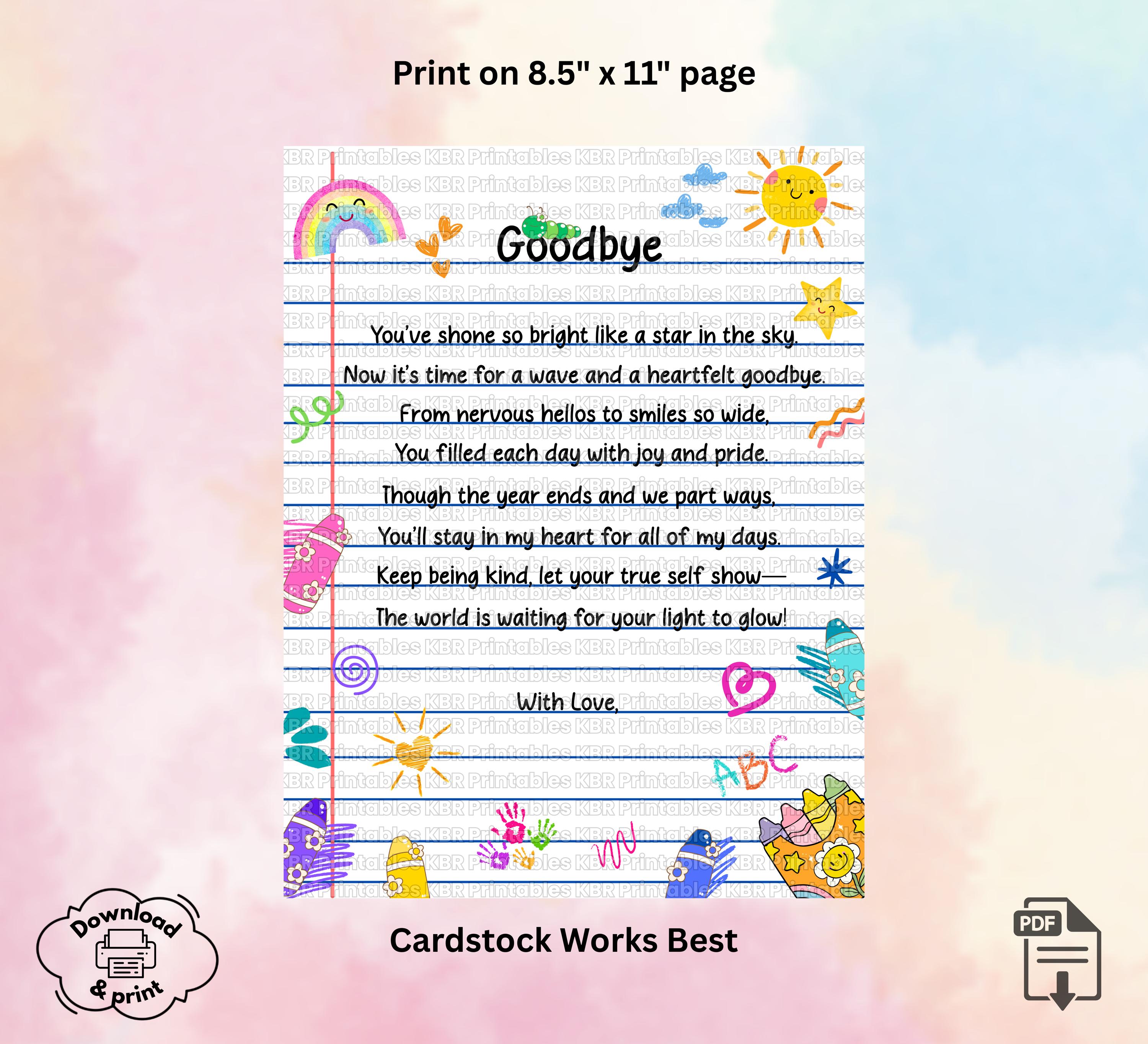 Goodbye Letter to Student Teacher Goodbye Letter Poem End of School ...