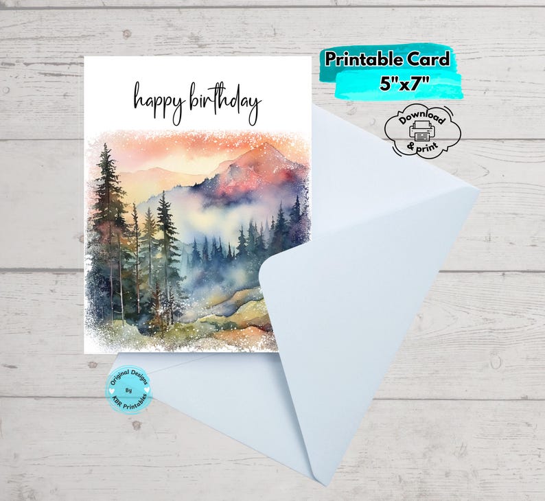 Printable Mountain Birthday Card Digital Download Nature-inspired ...