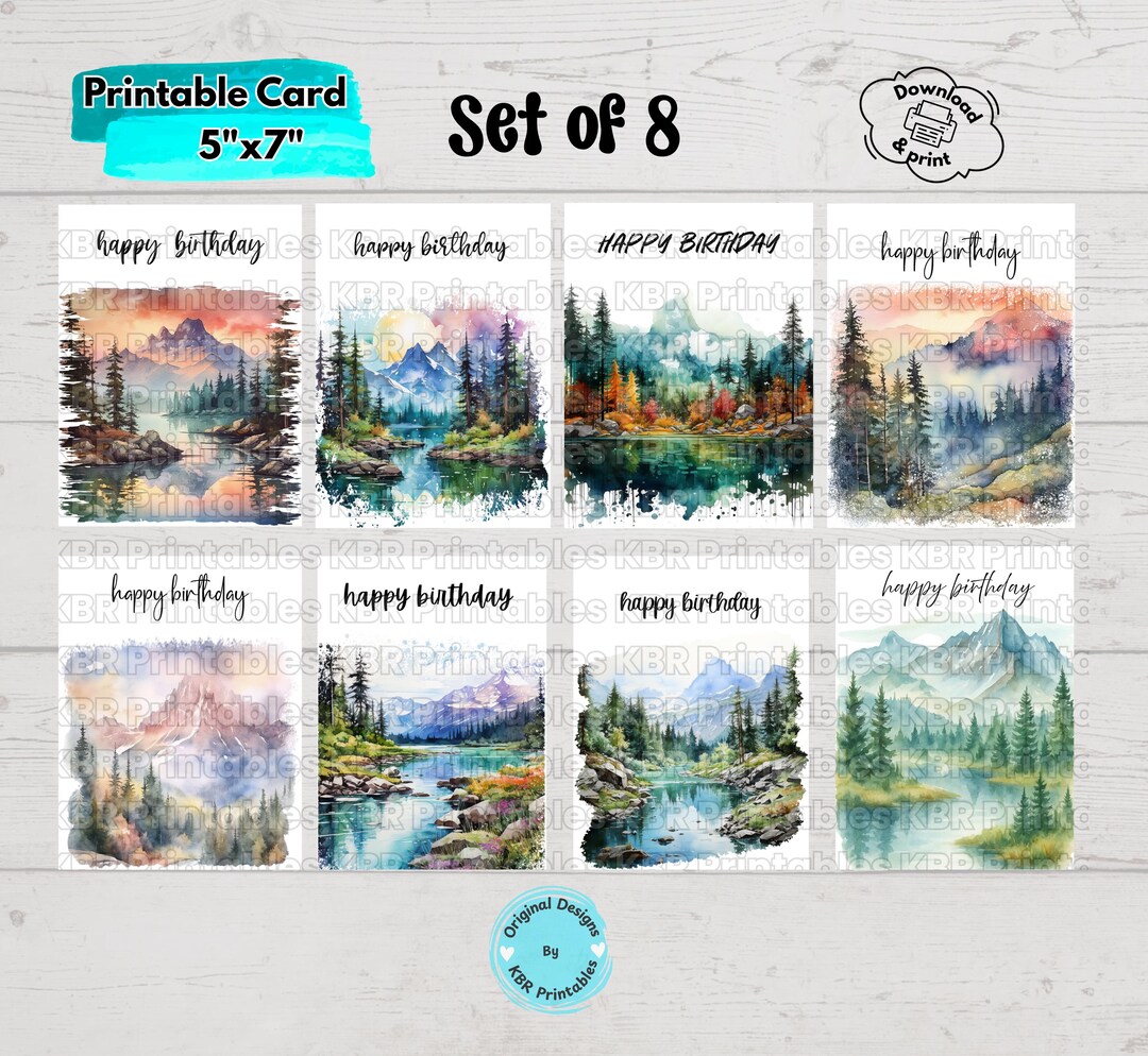 Printable Watercolor Birthday Cards 5x7 Nature Landscape Digital Cards ...