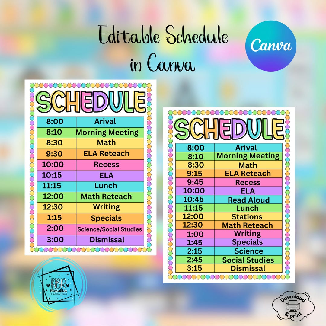 Daily Schedule Pastel Rainbow Colorful Editable Canva Template ...