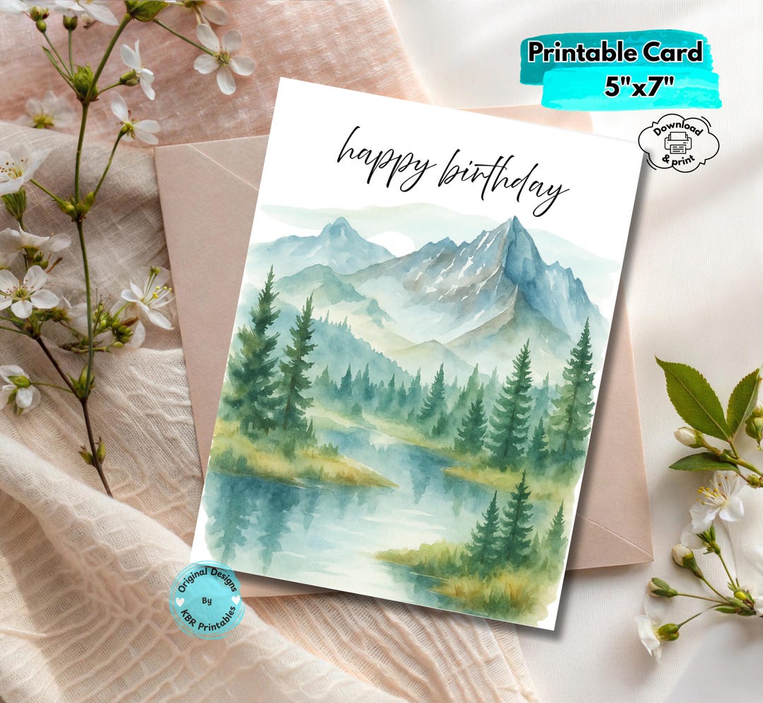 Printable Mountain Birthday Card Digital Download Nature-inspired ...