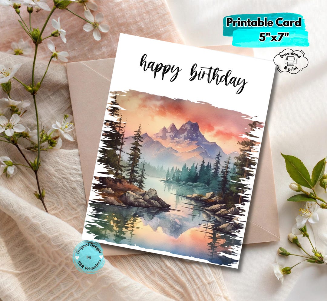 Printable Mountain Birthday Card Digital Download Nature-inspired ...