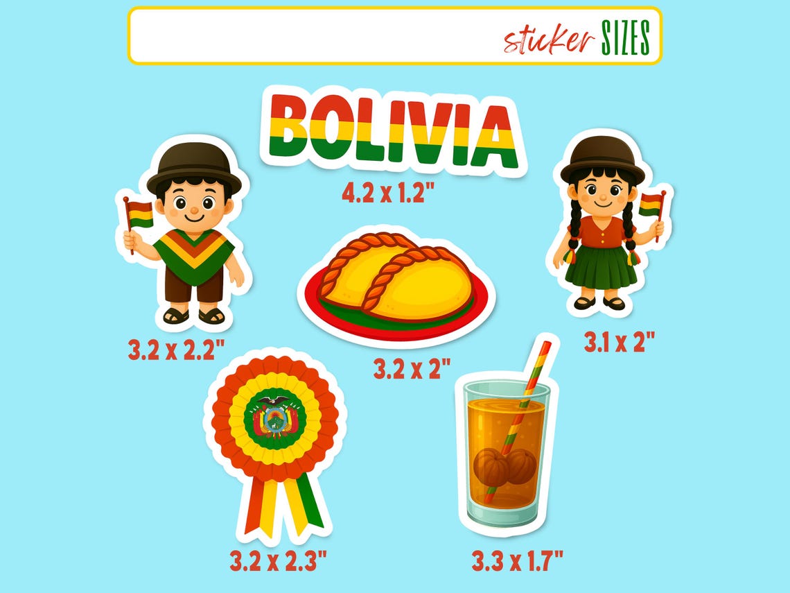 Bolivia Die-cut Stickers. Bolivian Flag, Food, and Map. Bicentennial ...