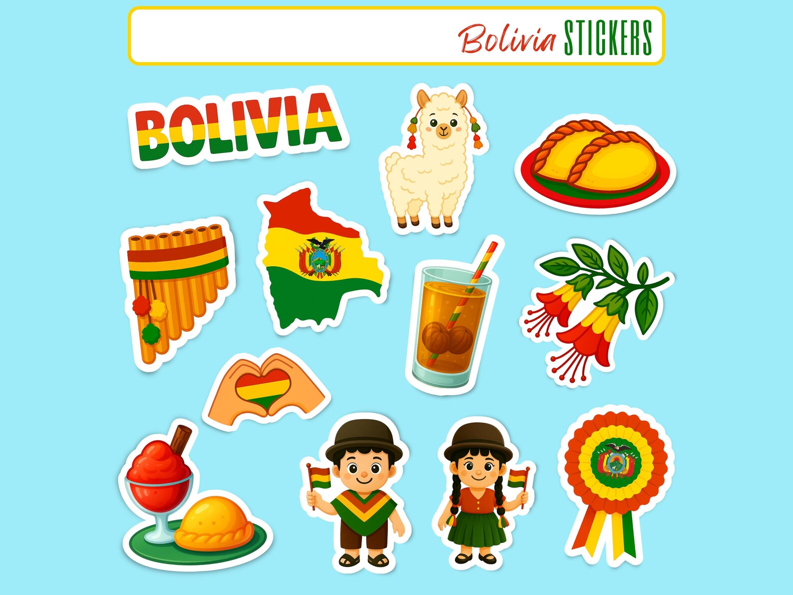 Bolivia Die-cut Stickers. Bolivian Flag, Food, and Map. Bicentennial ...