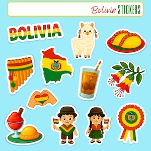 Bolivia Die-cut Stickers. Bolivian Flag, Food, and Map. Bicentennial ...