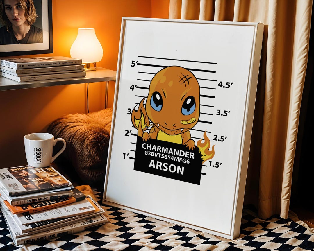Outlaw Charmander Poster | Funny Pokémon Mugshot Wall Art With Arson ...