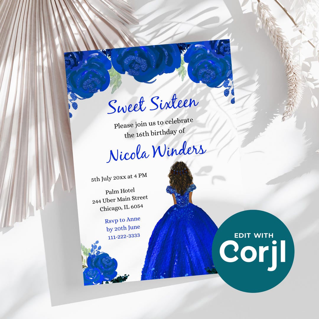Dark Skin Princess Royal Blue Floral Sweet Sixteen Invitation Digital ...