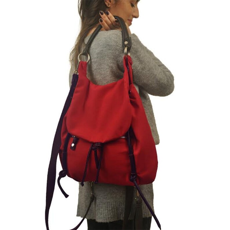 Handmade Shoulder Bag Backpack Red Canvas With Brown Leather - Etsy