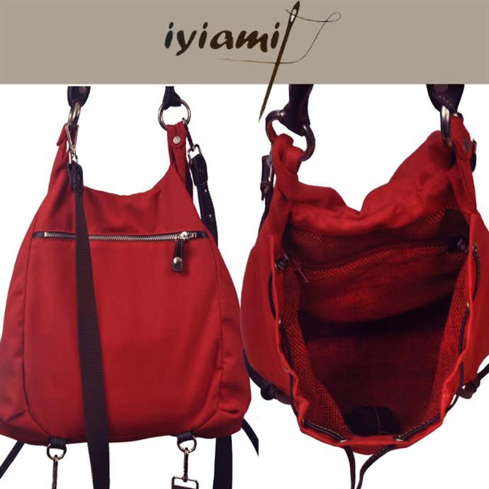 Handmade Shoulder Bag Backpack Red Canvas With Brown Leather - Etsy