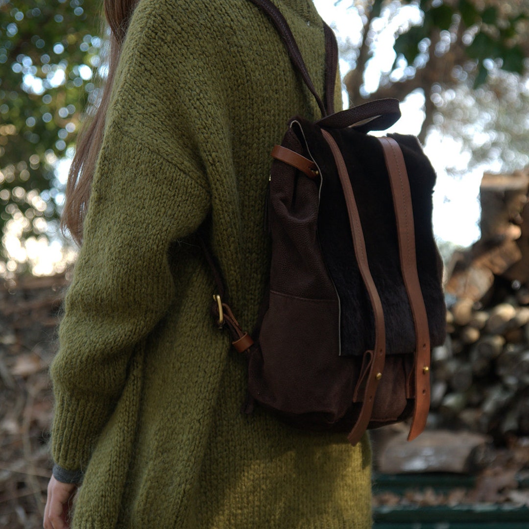 Brown Leather-brown Mouton Backpack ,square Everyday Backpack,made to ...