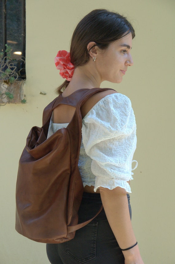 Leather Backpack in Chocolate Brown slouchy Bag Shoulder - Etsy