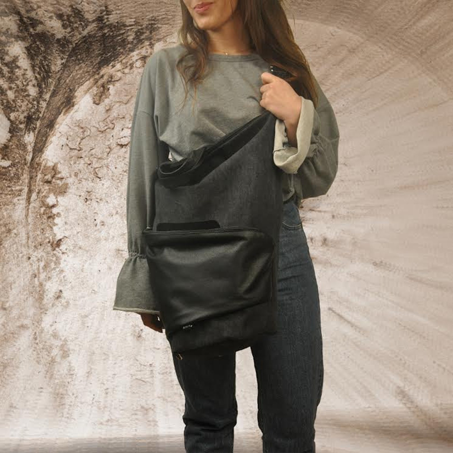 Handmade Convertible Backpack in Black Canvas-leather named | Etsy