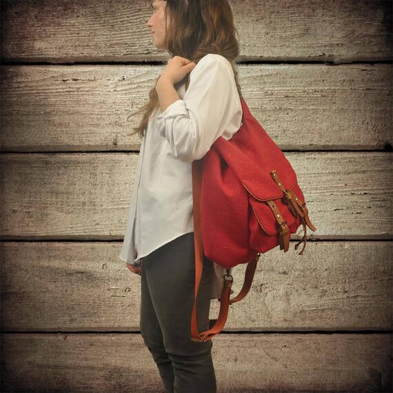 Handmade Backpack purse in Red Canvas With Leather Details - Etsy
