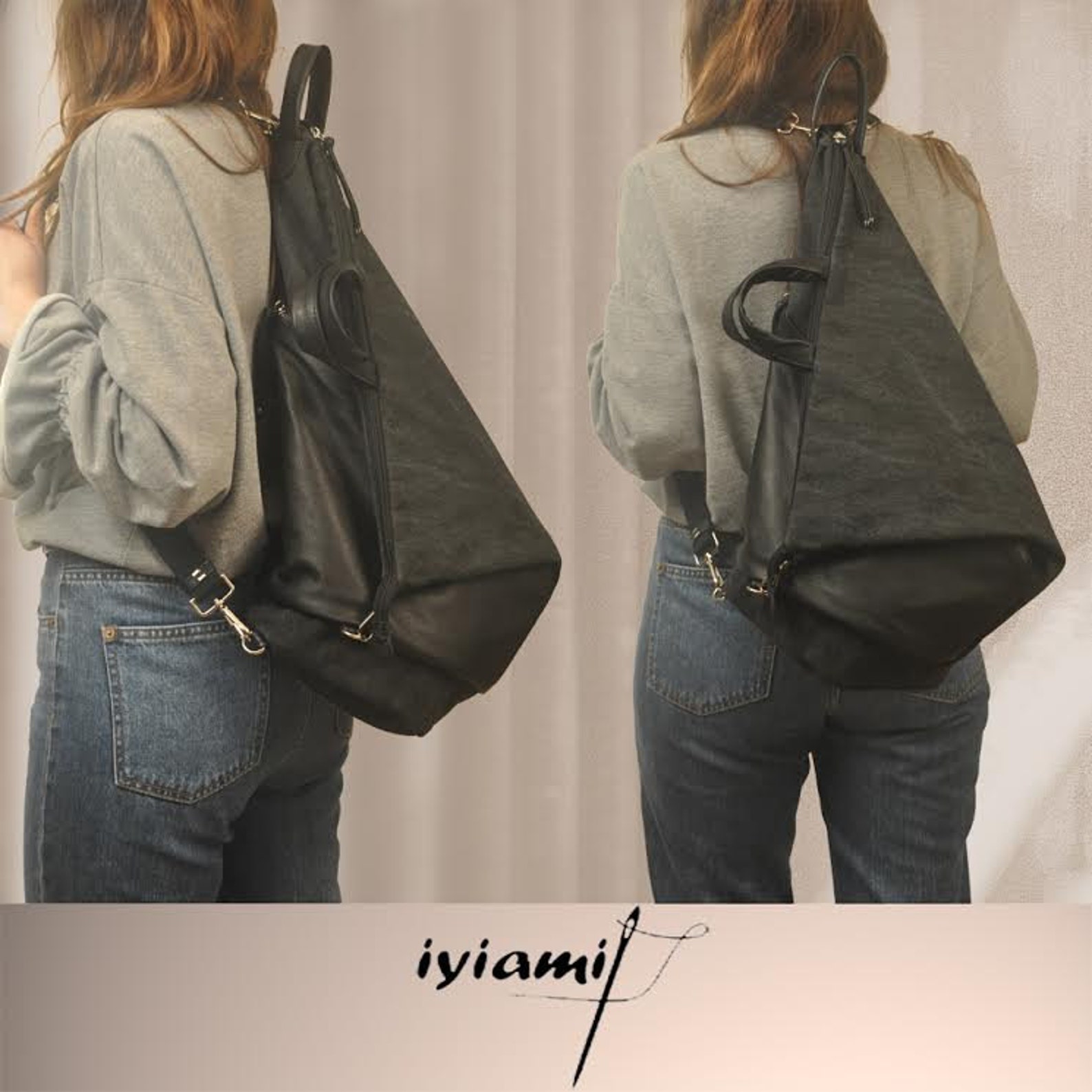 Handmade Convertible Backpack in Black Canvas-leather named | Etsy