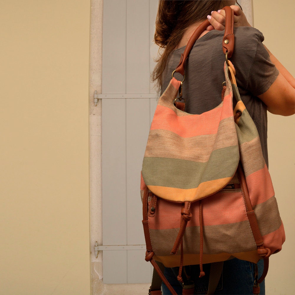 Handmade backpack purse in striped fabric with leather | Etsy