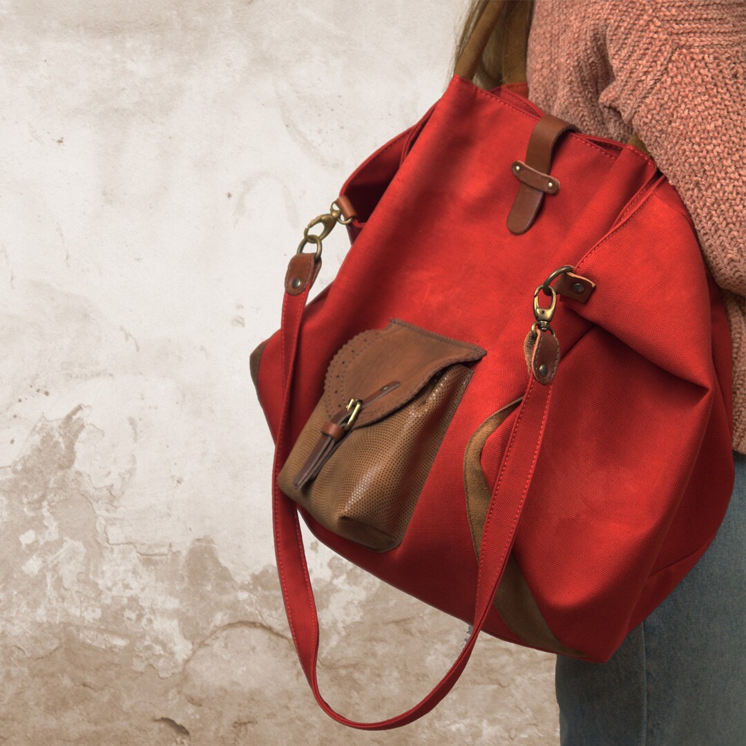 Handmade Shopping Bag in Faded Red Canvas Leather,named Girona ,made to ...