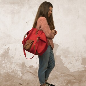 Handmade Shopping Bag in Faded Red Canvas Leather,named Girona ,made to ...