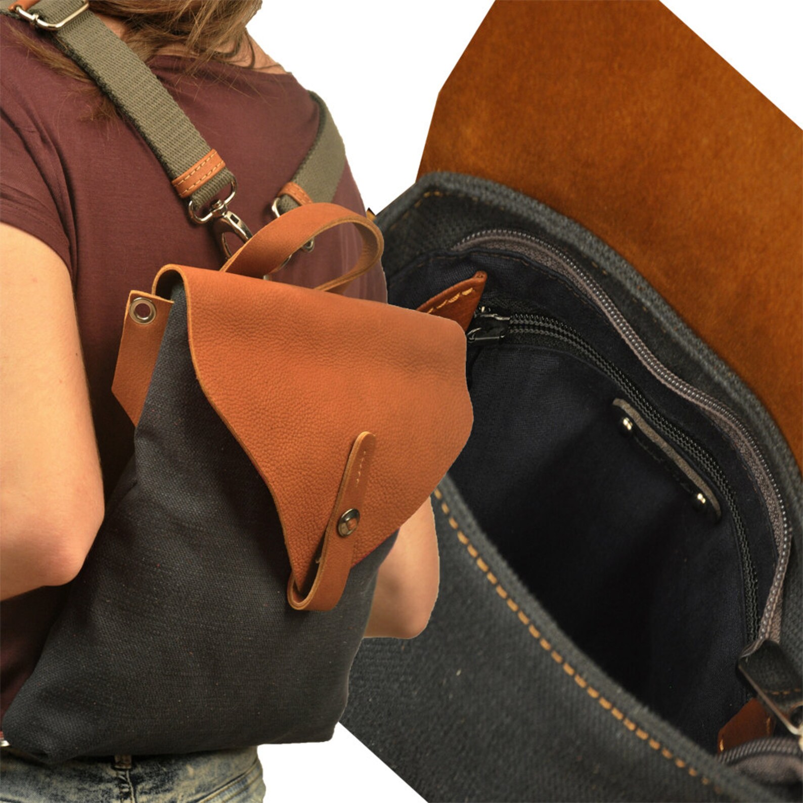 Messenger Backpack in Cotton linen Canvas Leather Called - Etsy