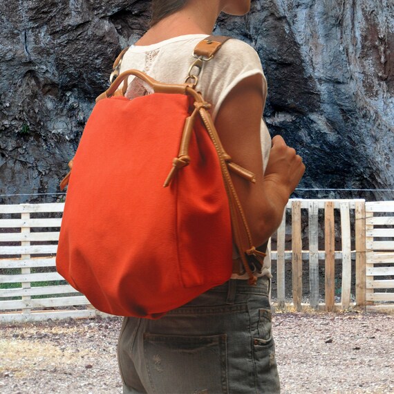 Backpack in Coral Red Canvas With Tan Leather Accents Called | Etsy